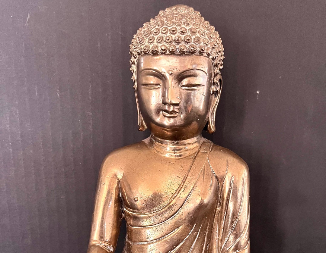 Very Large Vintage Solid Brass Seated Thai Buddha Figurine, Calling the ...