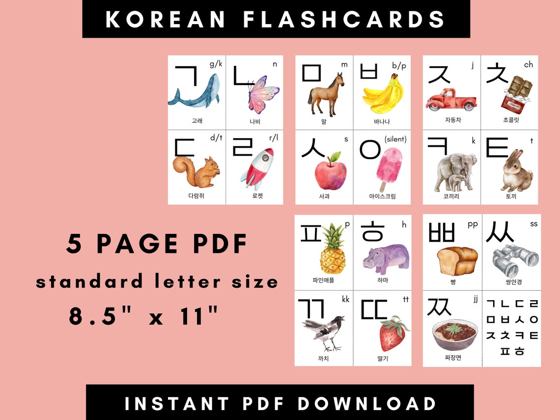 Printable Korean Flashcards: Hangul Language Learning (digital Download) - Etsy