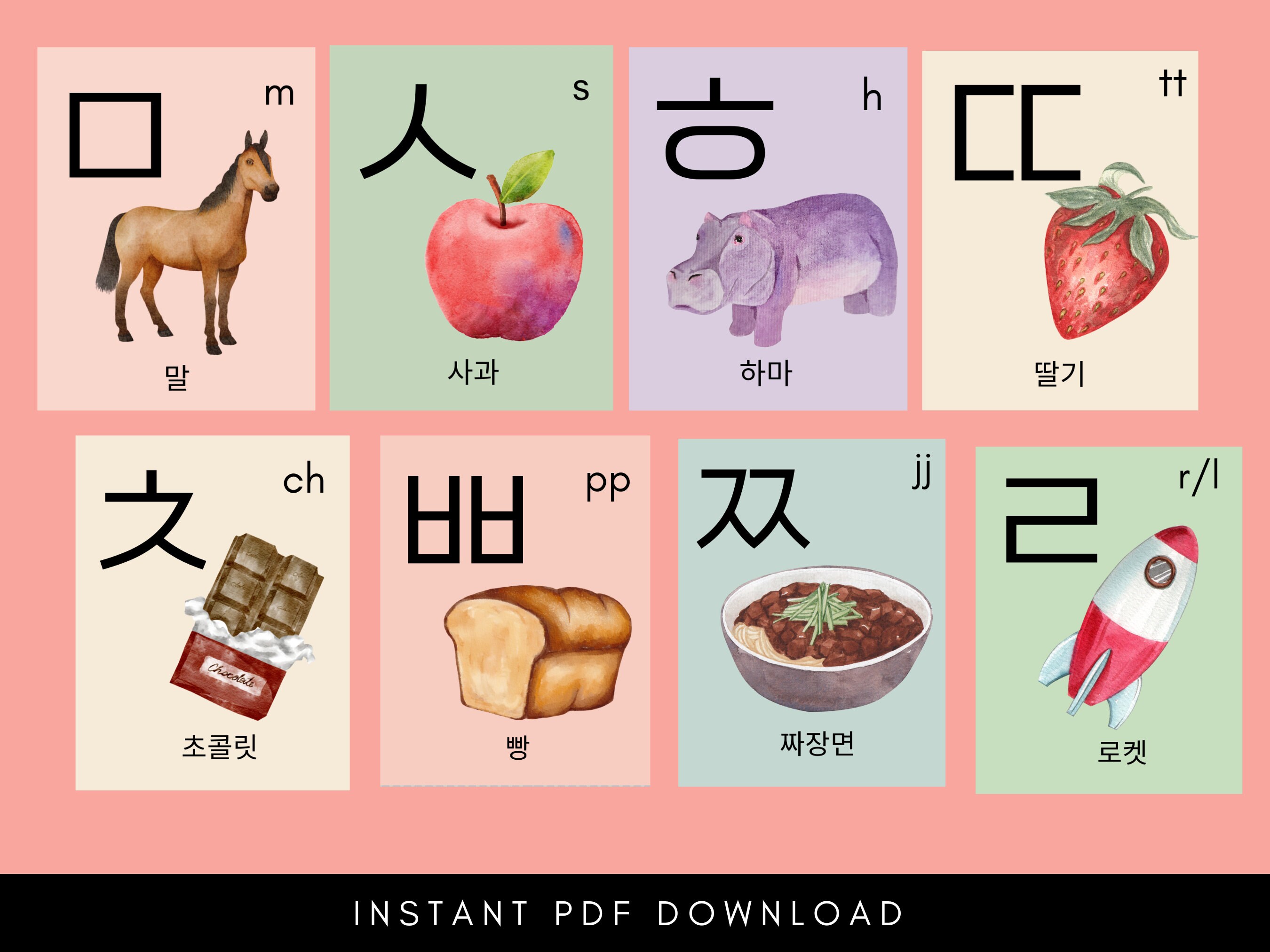 Printable Korean Flashcards Hangul Hangeul With English Sounds Alphabet ...