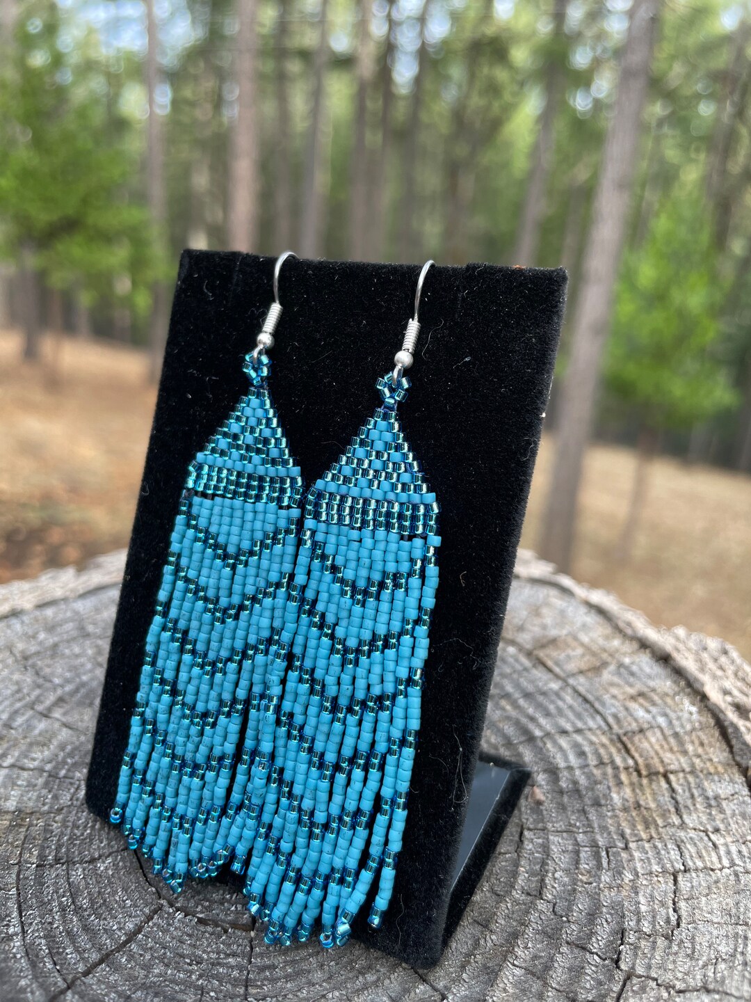 Two Tone Turquoise Chevron Beaded Fringe Earrings - Etsy
