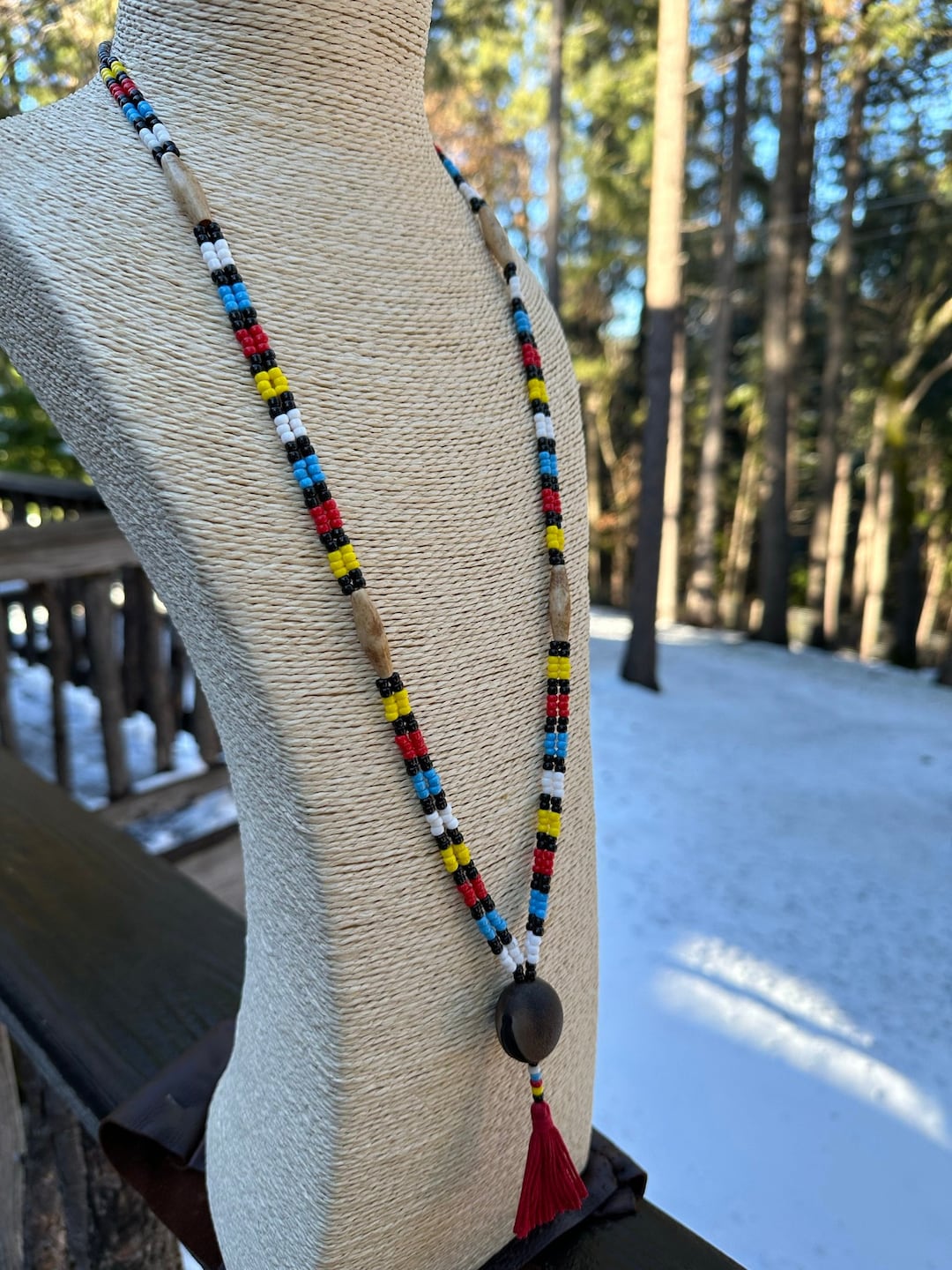 Colors of the Yaqui Flag Beaded Double Strand Ojo De Venado Necklace ...