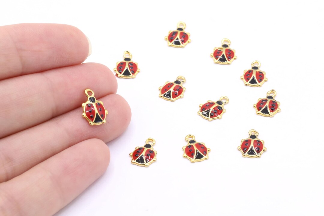 8x11mm 24 K Shiny Gold Plated Ladybird Charms, Enamel Necklace Charm ...
