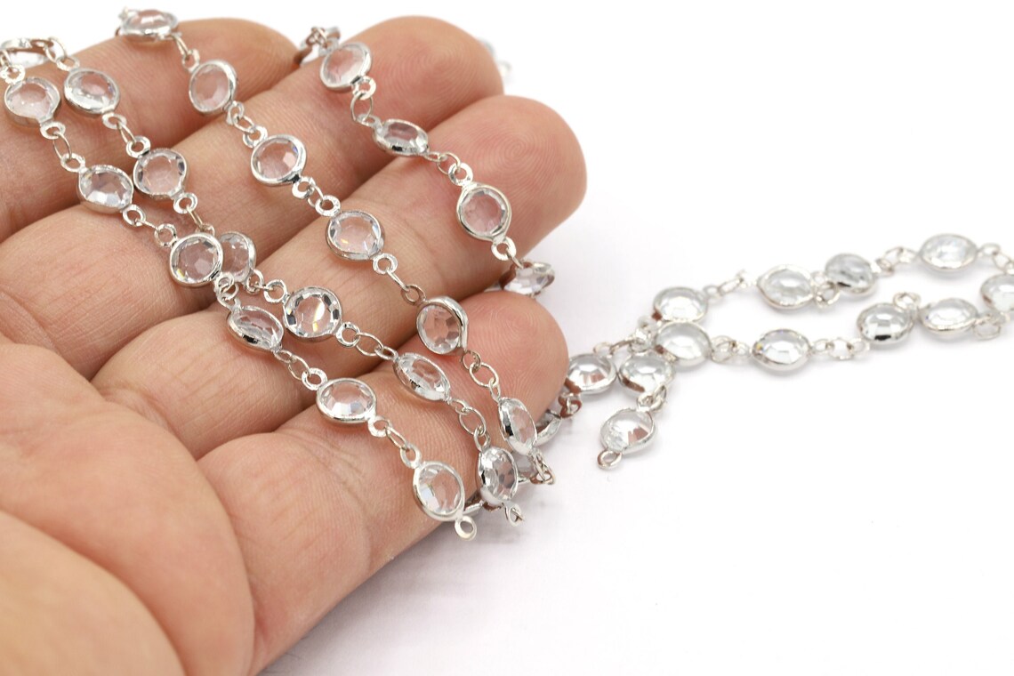 7mm Rhodium Plated Linked Crystal Chains , Foot Chains , Rosary Chain ...