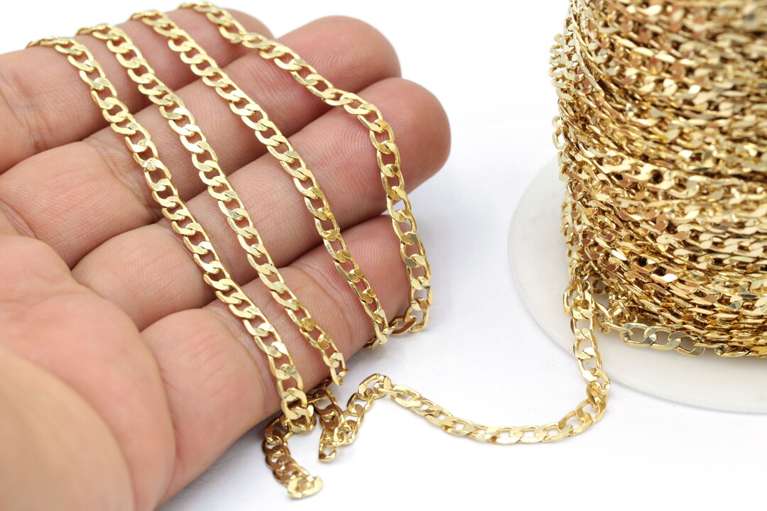 4x6mm 24 K Shiny Gold Plated Curb Chains , Flat Soldered Chains ...
