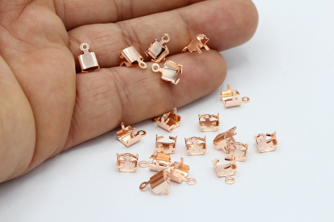 Rose Gold Plated Rhinestone Chain Crimp End Connectors, Chain Cup ...