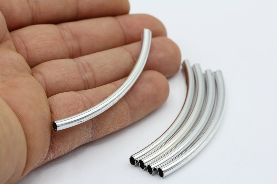 4x70mm Rhodium Plated Round Curved Tubes , Long Round Curved Tube Beads ...