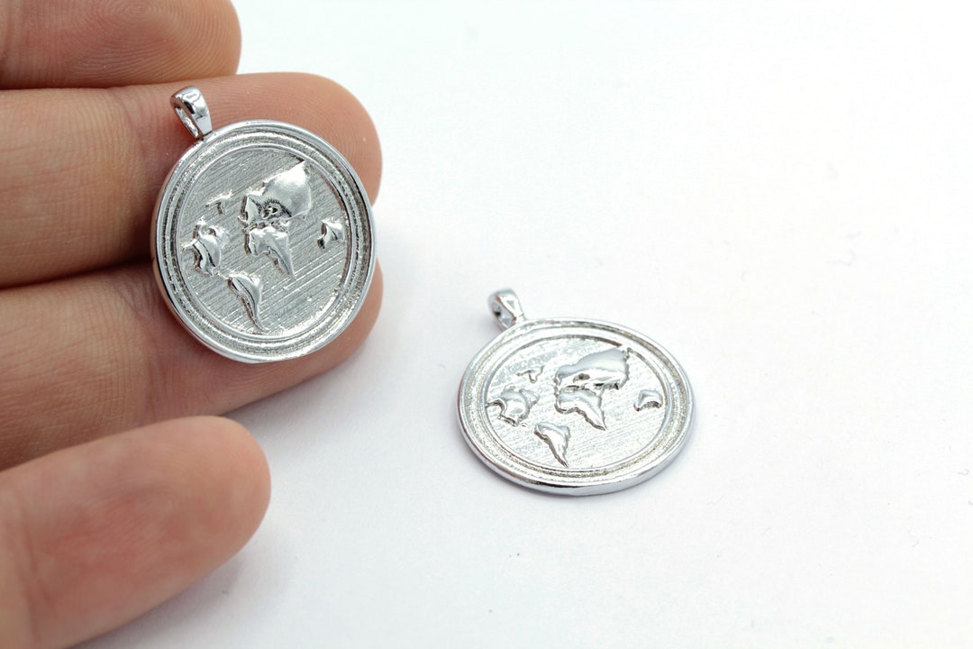 22x27mm Rhodium Plated World Map Pendant, Earth Pendant, World Charms ...