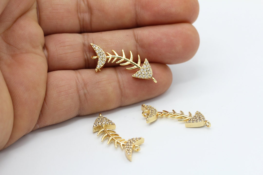 11x32mm 24 K Shiny Gold Plated CZ Micro Pave Fish Bone Pendant , CZ ...