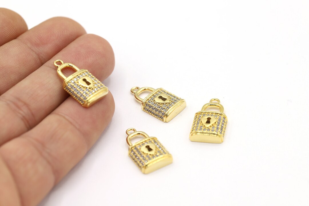 12x22mm 24 K Shiny Gold Plated CZ Micro Pave Lock Pendant, CZ Pave Lock ...
