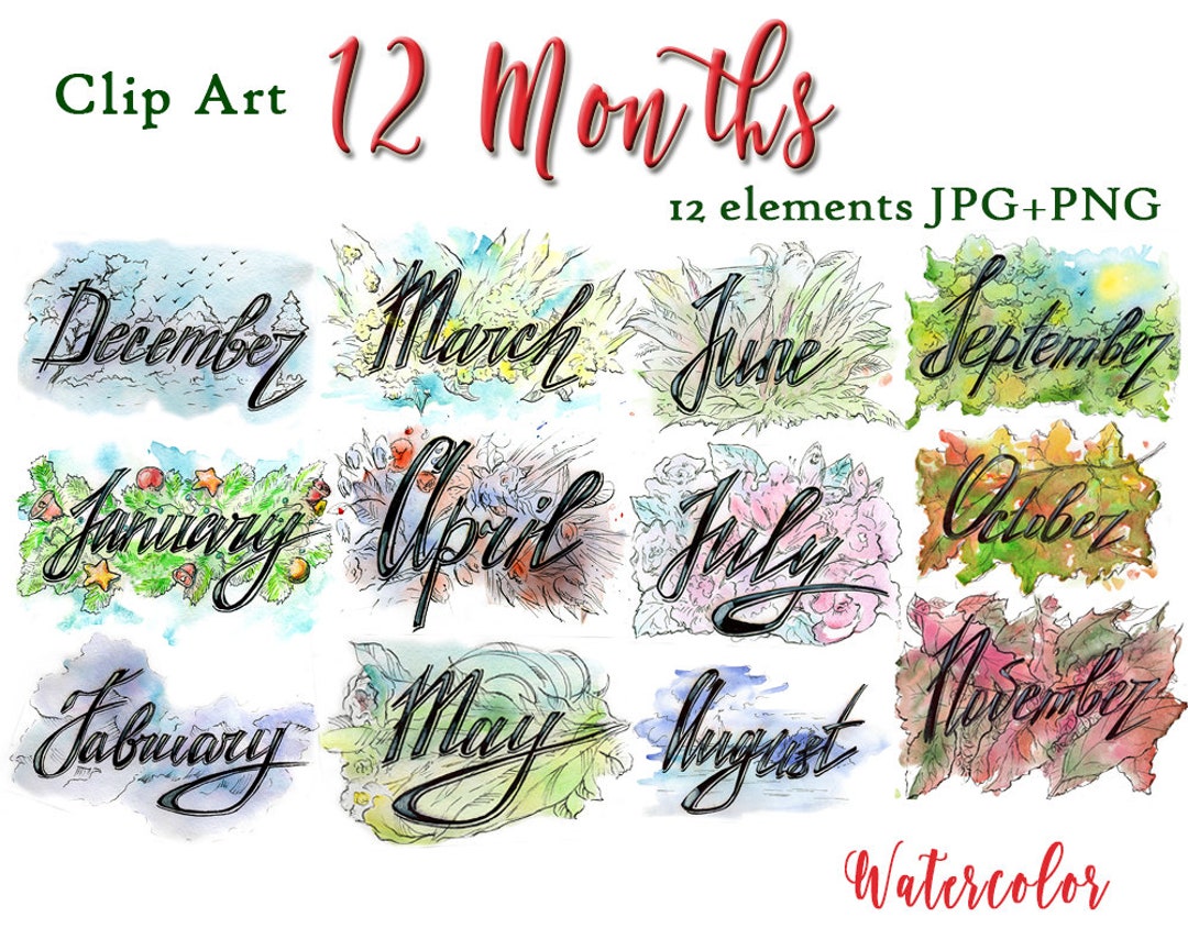 12 Months Clipart Watercolor Calendar Months Printable Hand Lettered ...