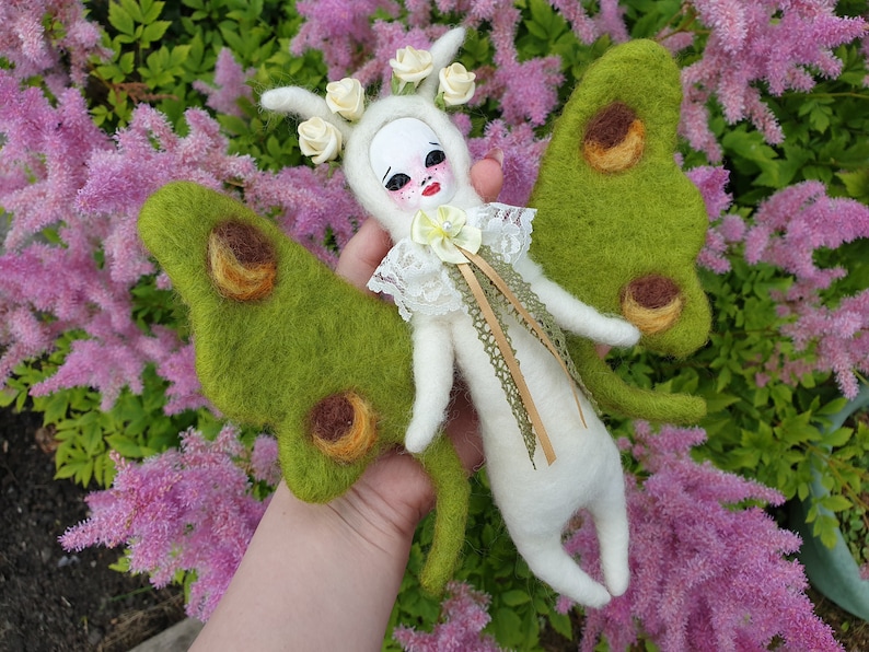 Needle Felt Luna Moth Fairy Art Doll Sculpture Whimsical Cottagecore ...