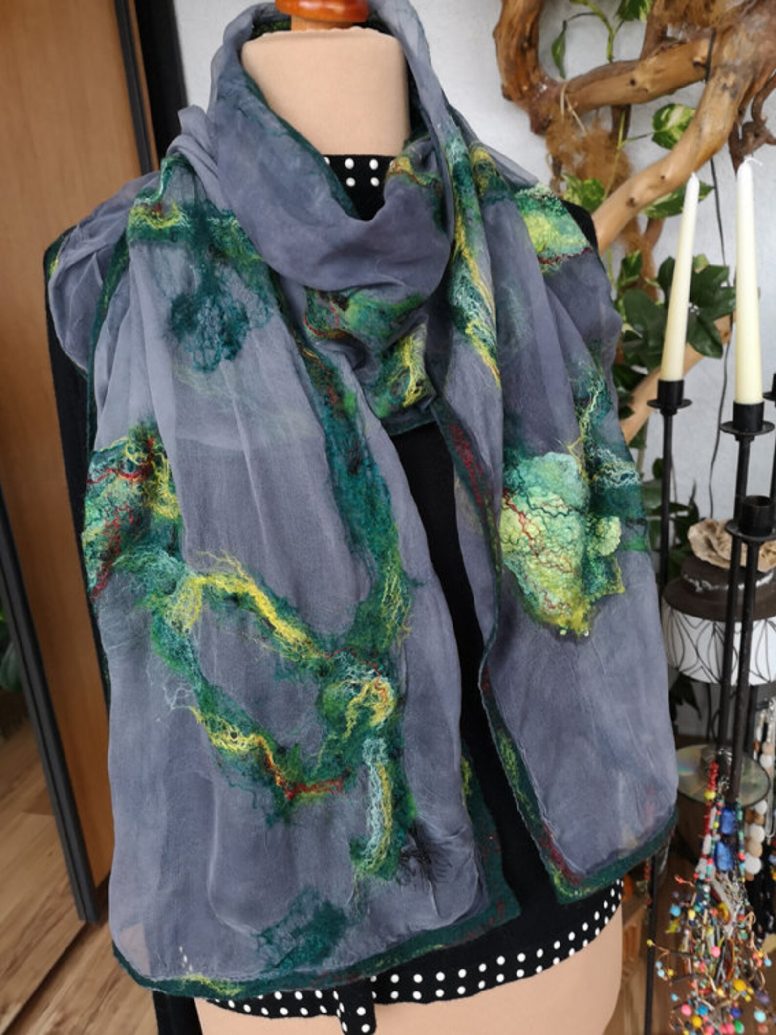 Long Grey-green Chiffon Scarf With Felt Painting, Grey-green Painting ...