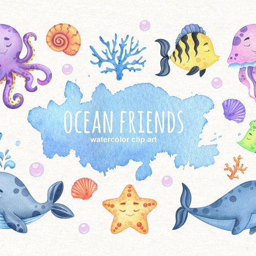 Watercolor Sea Animals Clipart Cute Ocean Baby Animals PNG - Etsy