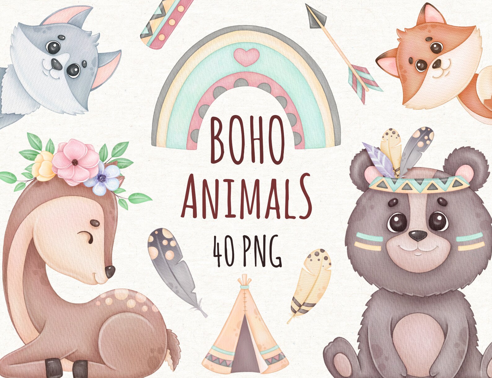 Watercolor Boho Animals Clipart, Woodland Animal Png, Instant Download ...