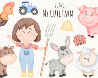 Cute Farm Clipart Farm Animals Watercolor Png | Etsy