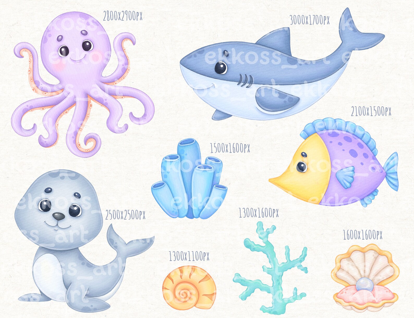 Under the Sea Clipart, Watercolor Sea Animals Png - Etsy