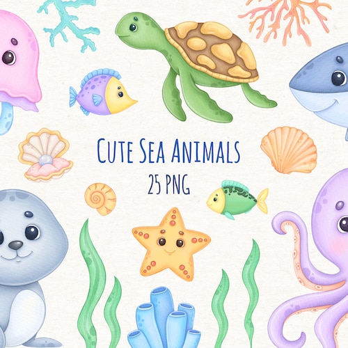 Watercolor Sea Animals Clipart Cute Ocean Baby Animals PNG - Etsy