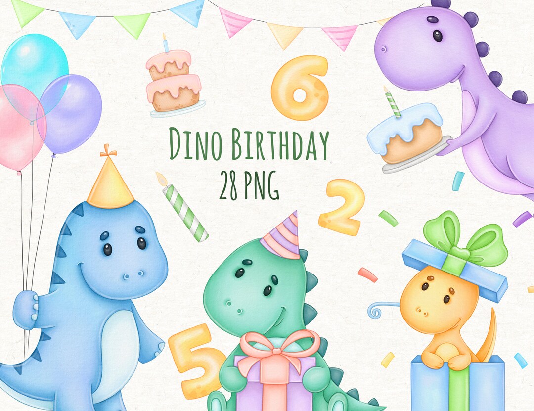 Dinosaur Birthday Watercolor Clipart, Dino Theme Birthday Party PNG - Etsy