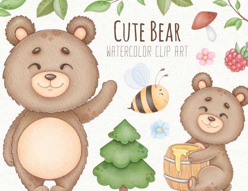 Cute Bear and Bee Watercolor Clipart Instant Download - Etsy