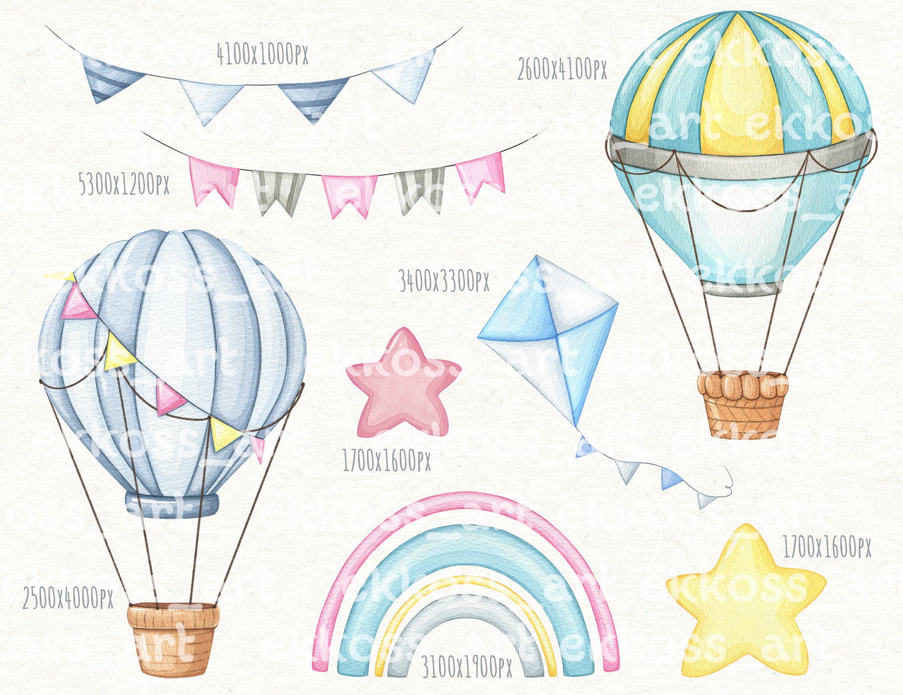 Watercolor Hot Air Balloons Clipart, Nursery Wall Decor, PNG - Etsy