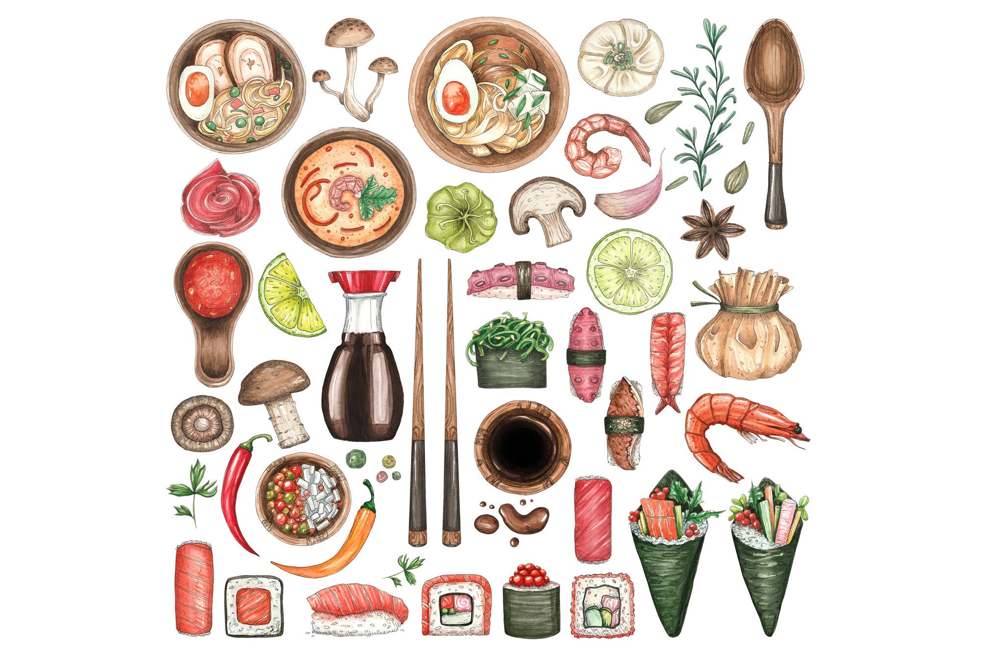 Watercolor Japanese Food Clipart Sushi Asian Food Chinese - Etsy