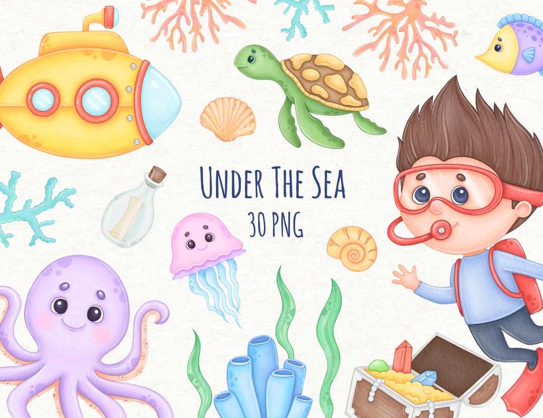 Under the Sea Clipart, Watercolor Sea Animals Png - Etsy