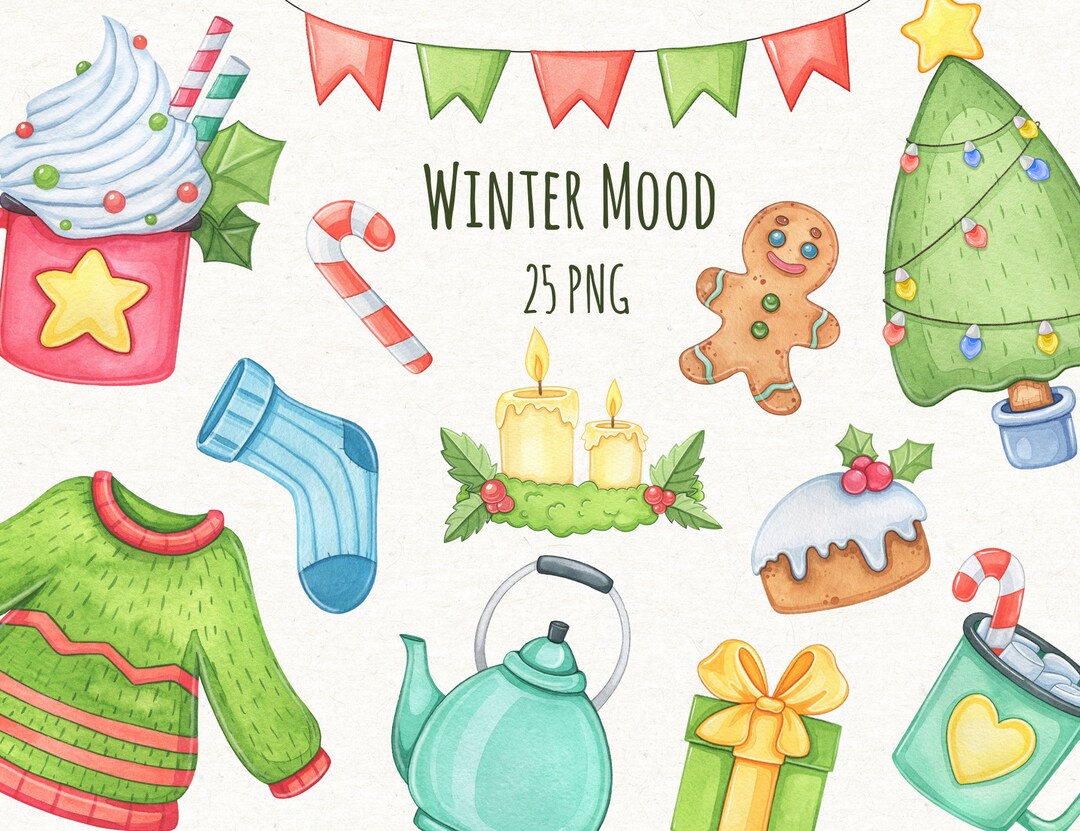 Winter Mood Watercolor Clipart, Christmas Essentials Clip Art, Png - Etsy