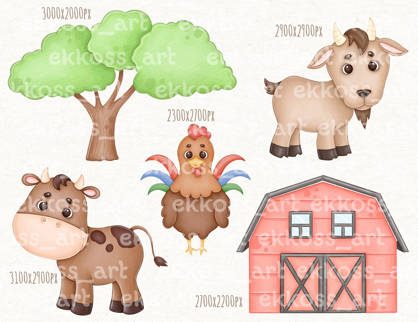 Cute Farm Clipart Farm Animals Watercolor Png | Etsy
