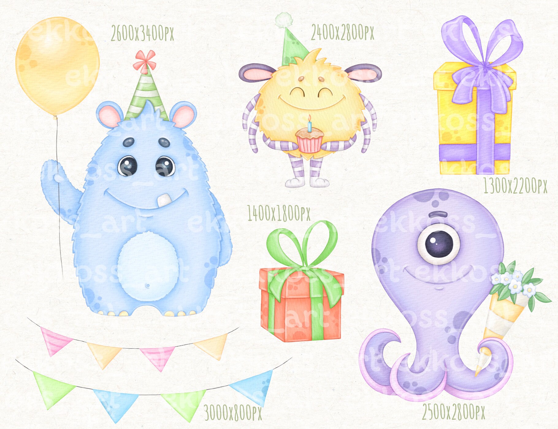 Watercolor Monsters Party Clipart Monster Birthday PNG - Etsy