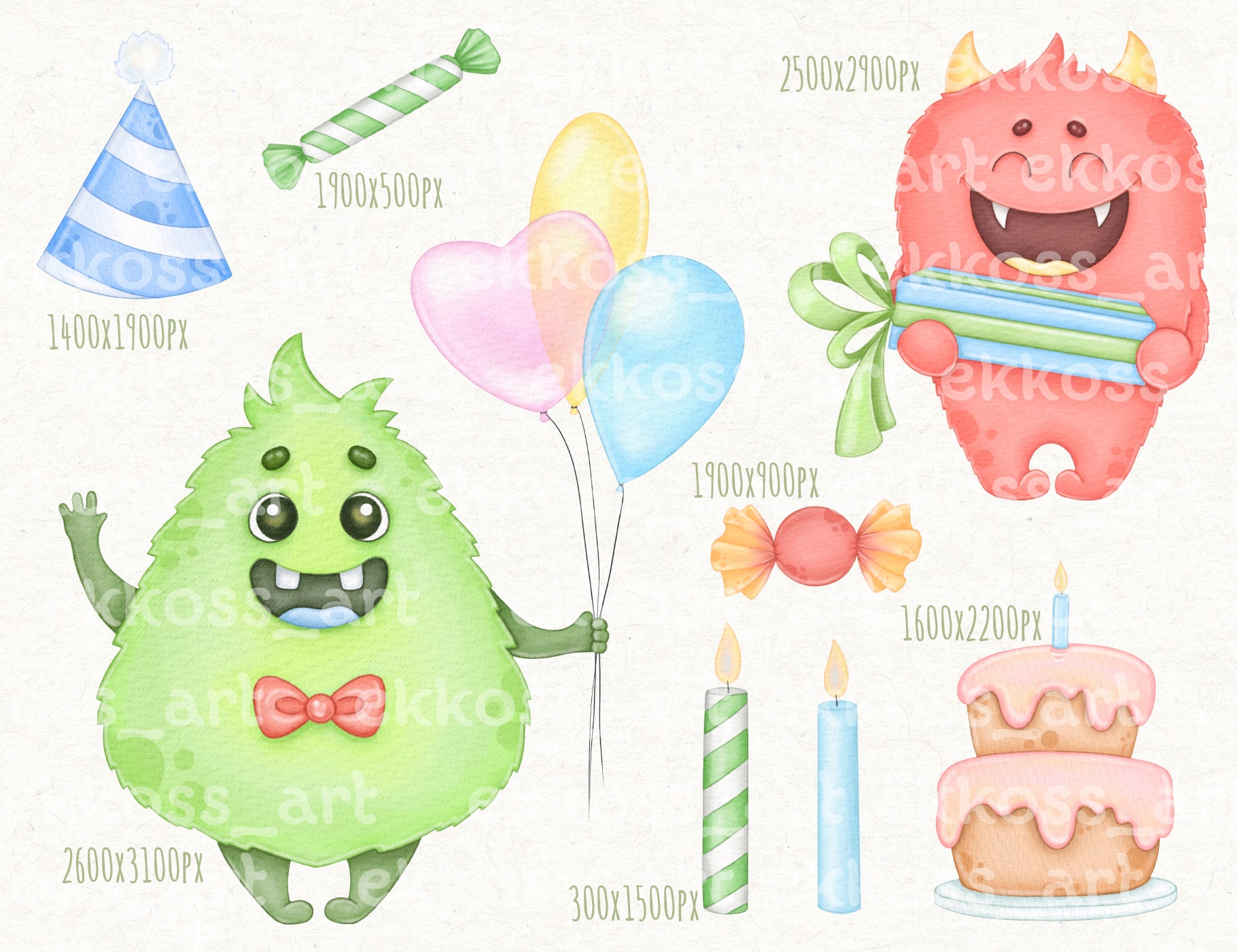 Watercolor Monsters Party Clipart Monster Birthday PNG - Etsy