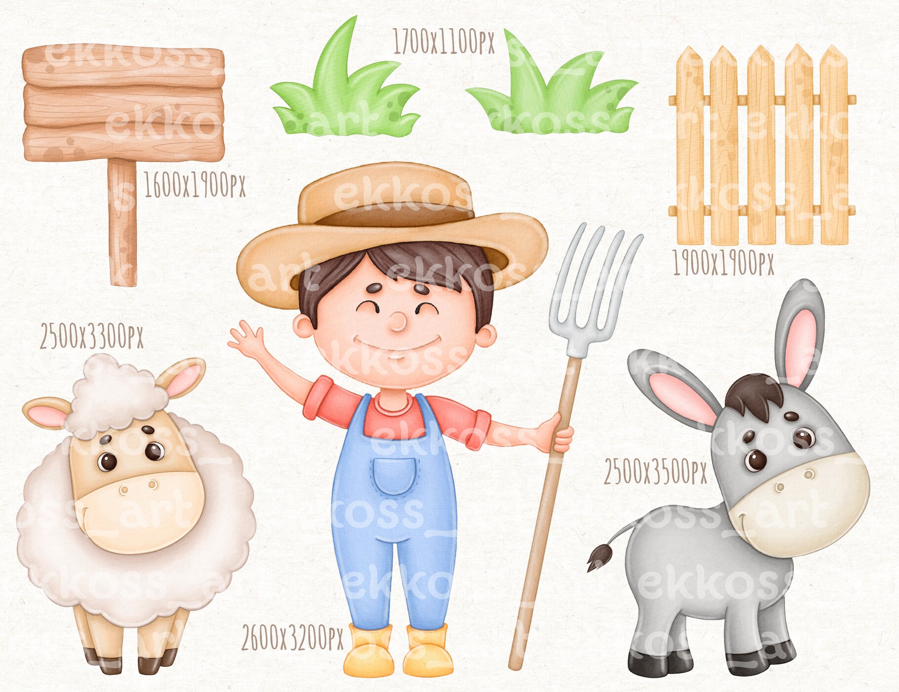 Cute Farm Clipart Farm Animals Watercolor Png - Etsy