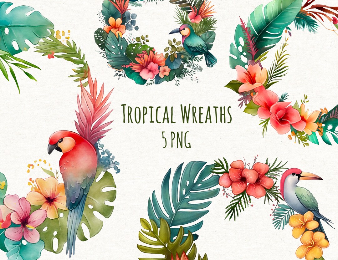 Tropical Watercolor Clipart, Summer Wreath Clipart, PNG - Etsy