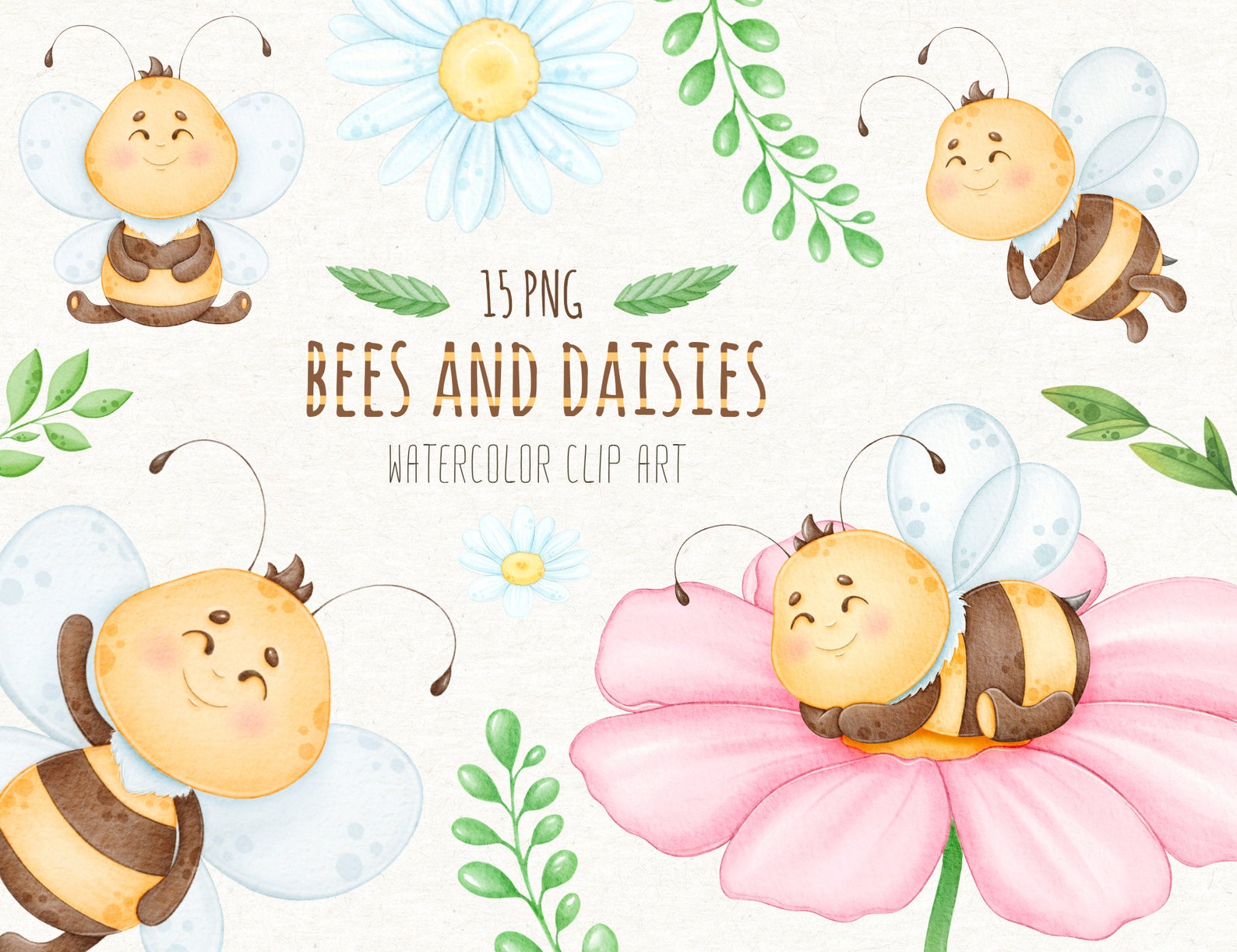 Bee and Daisy Watercolor Clip Art Cute Bee Digital Stickers - Etsy
