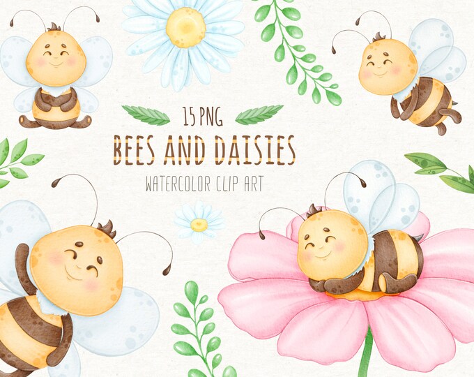 Bee and Daisy Watercolor Clip Art Cute Bee Digital Stickers - Etsy