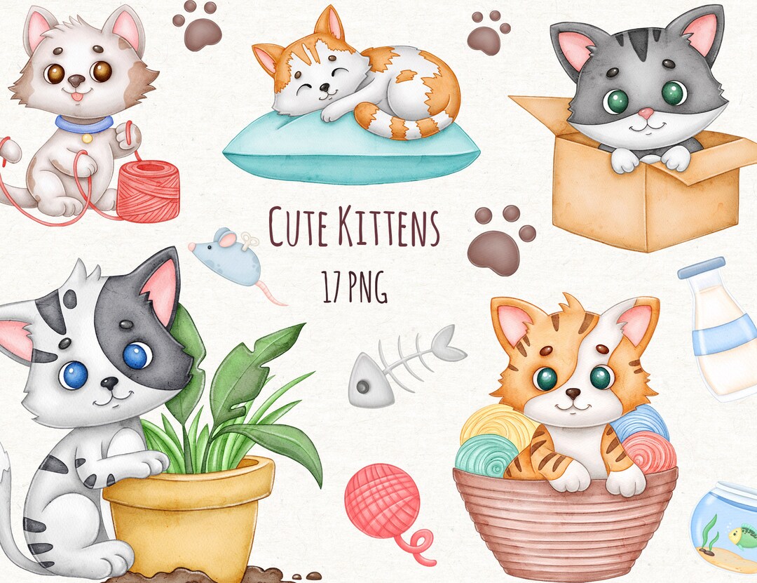 Cute Cat Watercolor Clipart, Cats Transparent PNG - Etsy