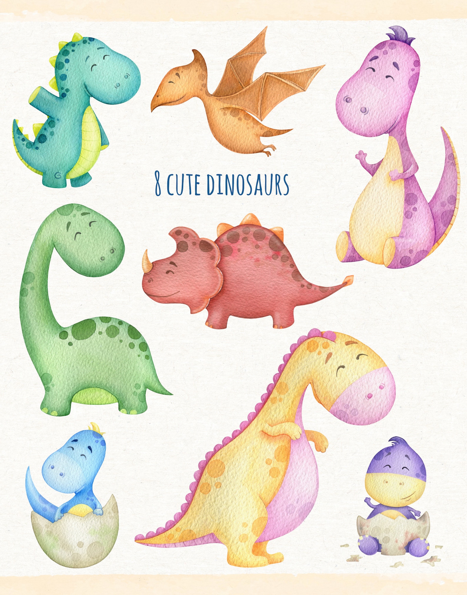 Dinosaur Clipart Watercolor PNG Cute Dino Instant Digital - Etsy