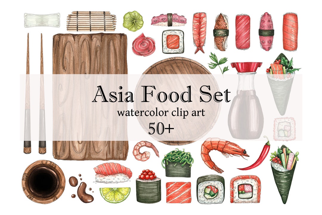 Watercolor Japanese Food Clipart, Sushi, Asian Food, Chinese Food Clip ...