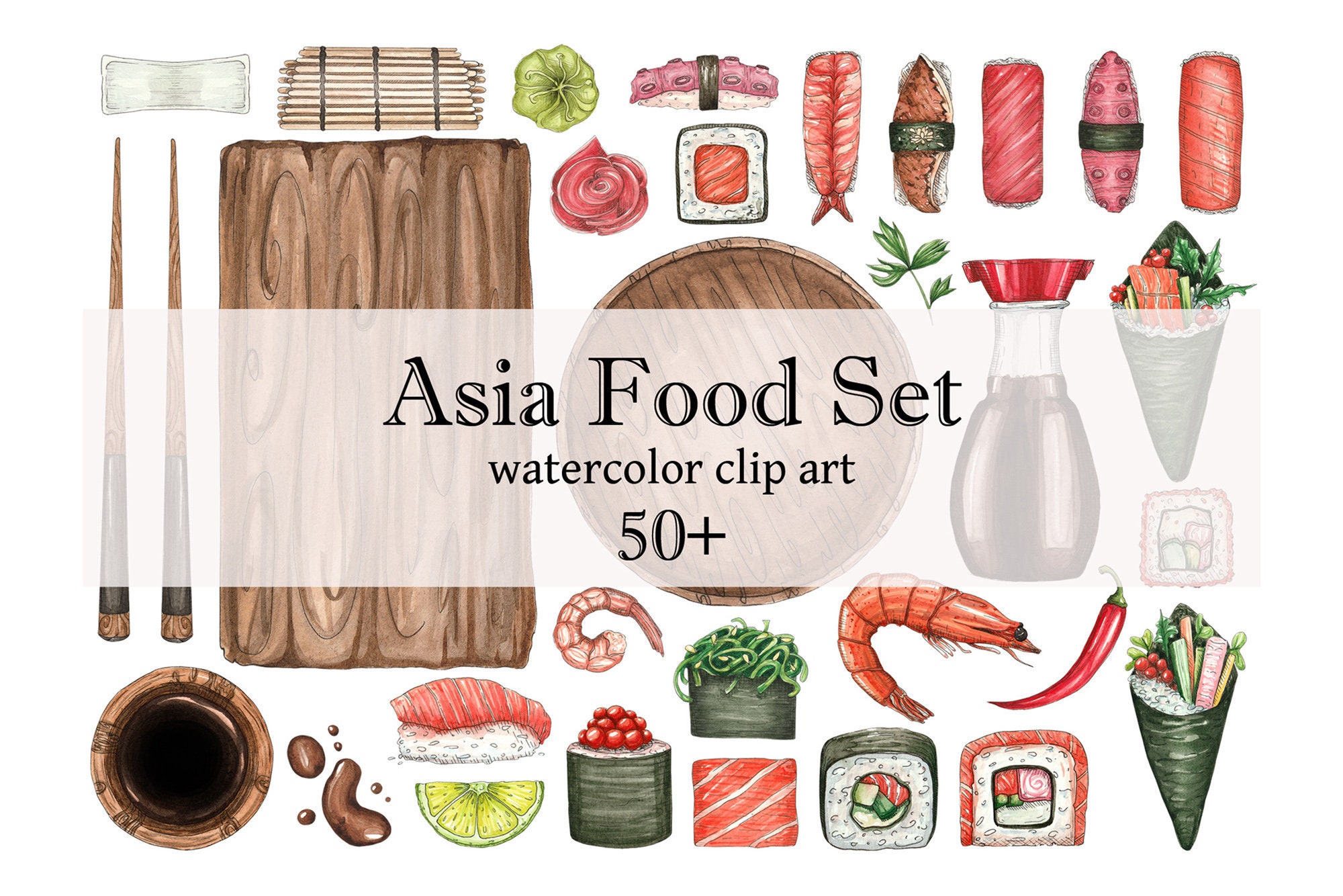 Watercolor Japanese Food Clipart Sushi Asian Food Chinese - Etsy