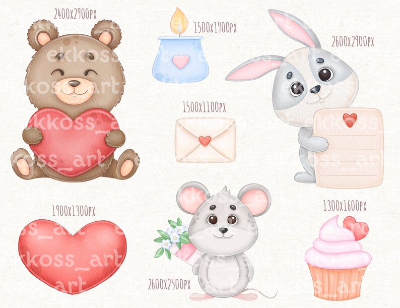 Valentines Day Watercolor Clipart Cute Animals in Love PNG | Etsy