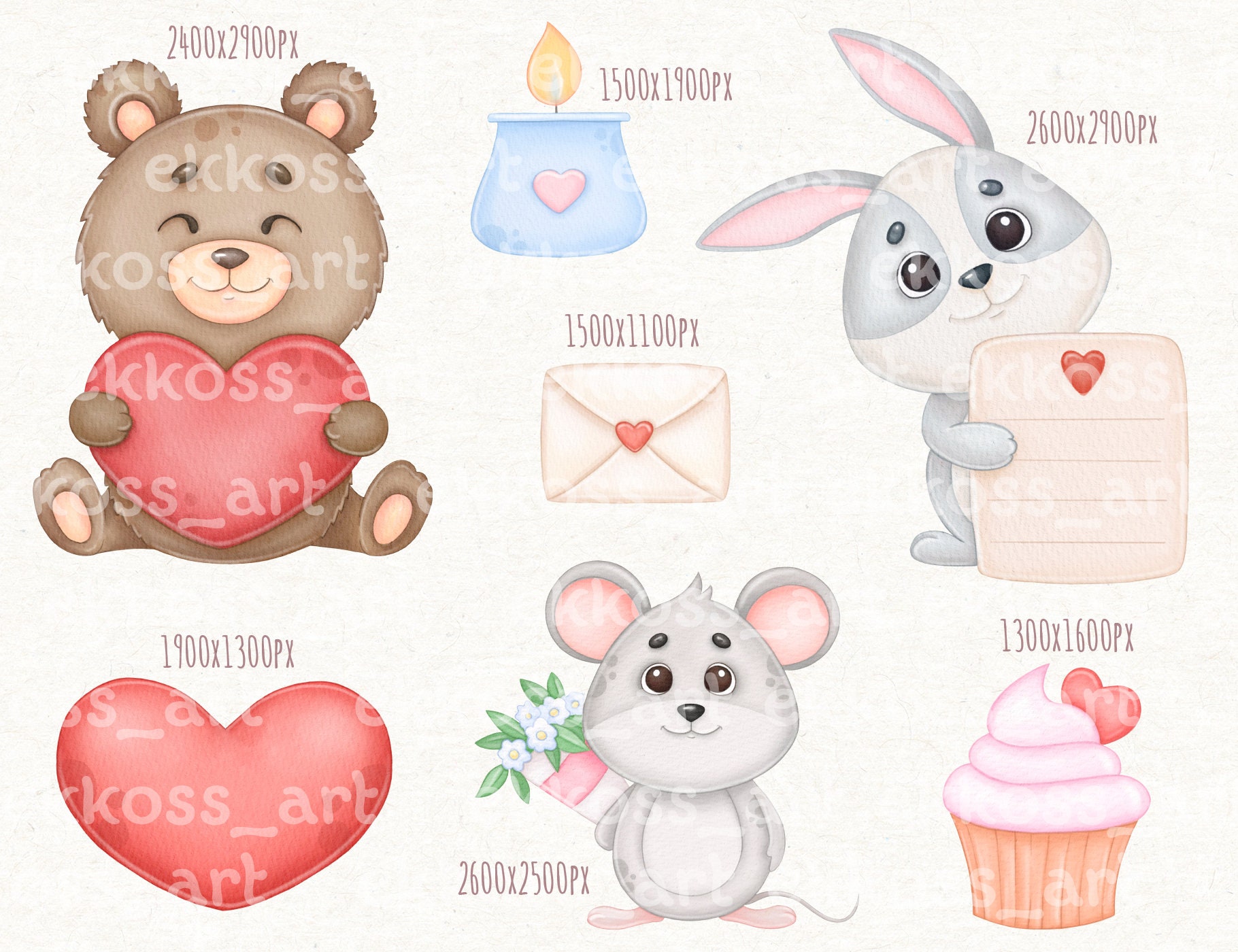Valentines Day Watercolor Clipart Cute Animals in Love PNG - Etsy