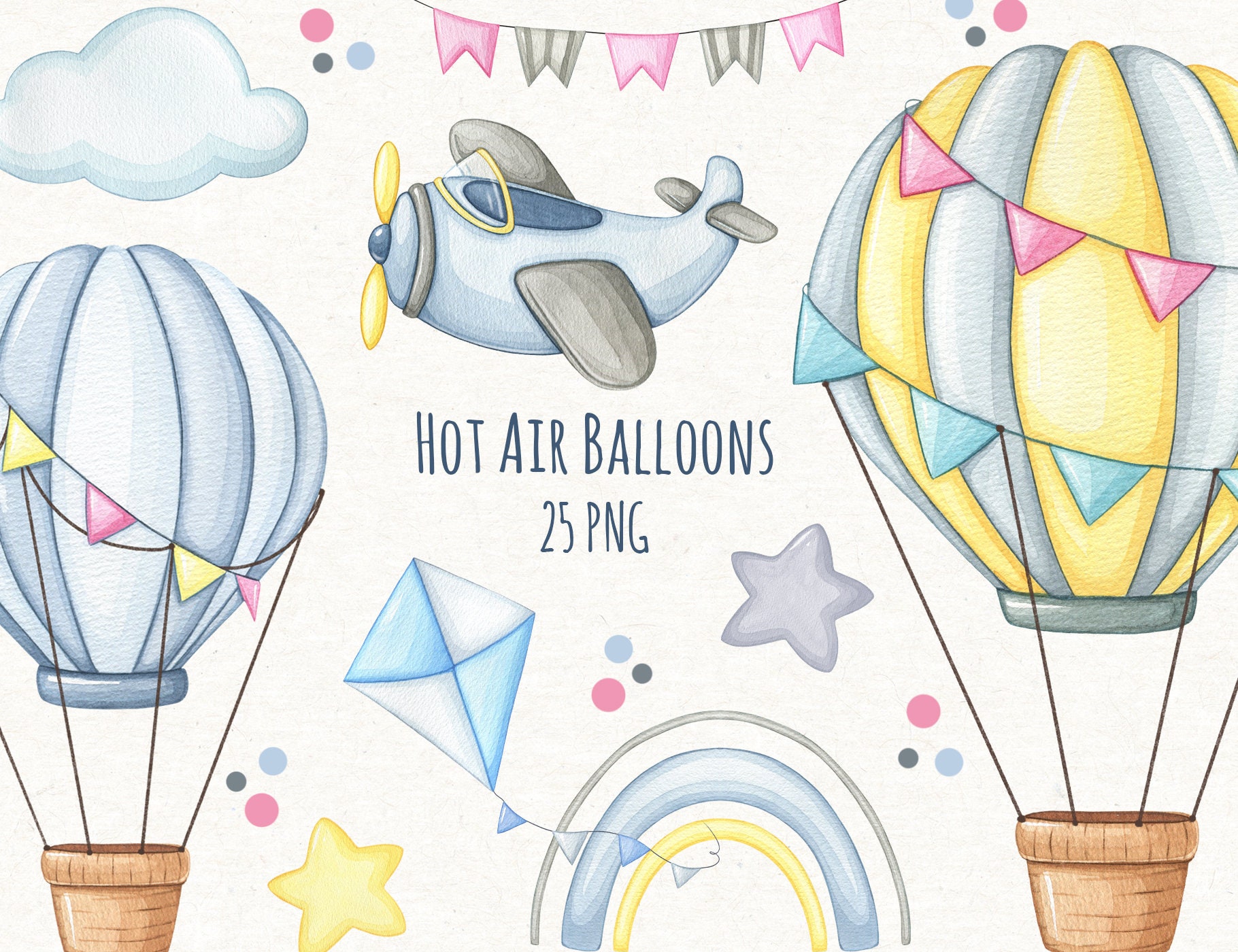 Watercolor Hot Air Balloons Clipart Nursery Wall Decor PNG - Etsy