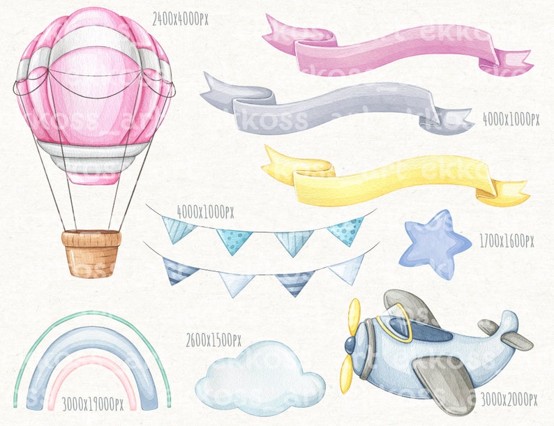 Watercolor Hot Air Balloons Clipart Nursery Wall Decor PNG - Etsy