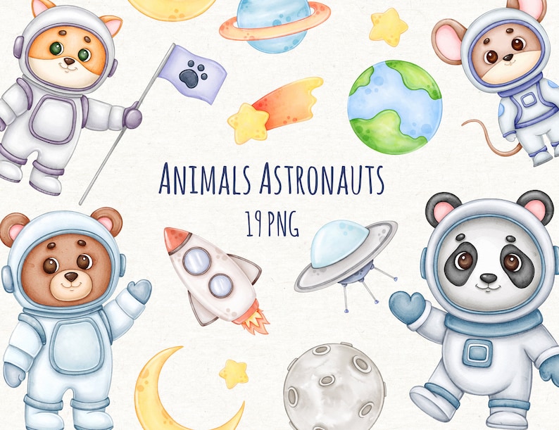 Space Animals Astronaut Watercolor Clipart Space Nursery PNG - Etsy