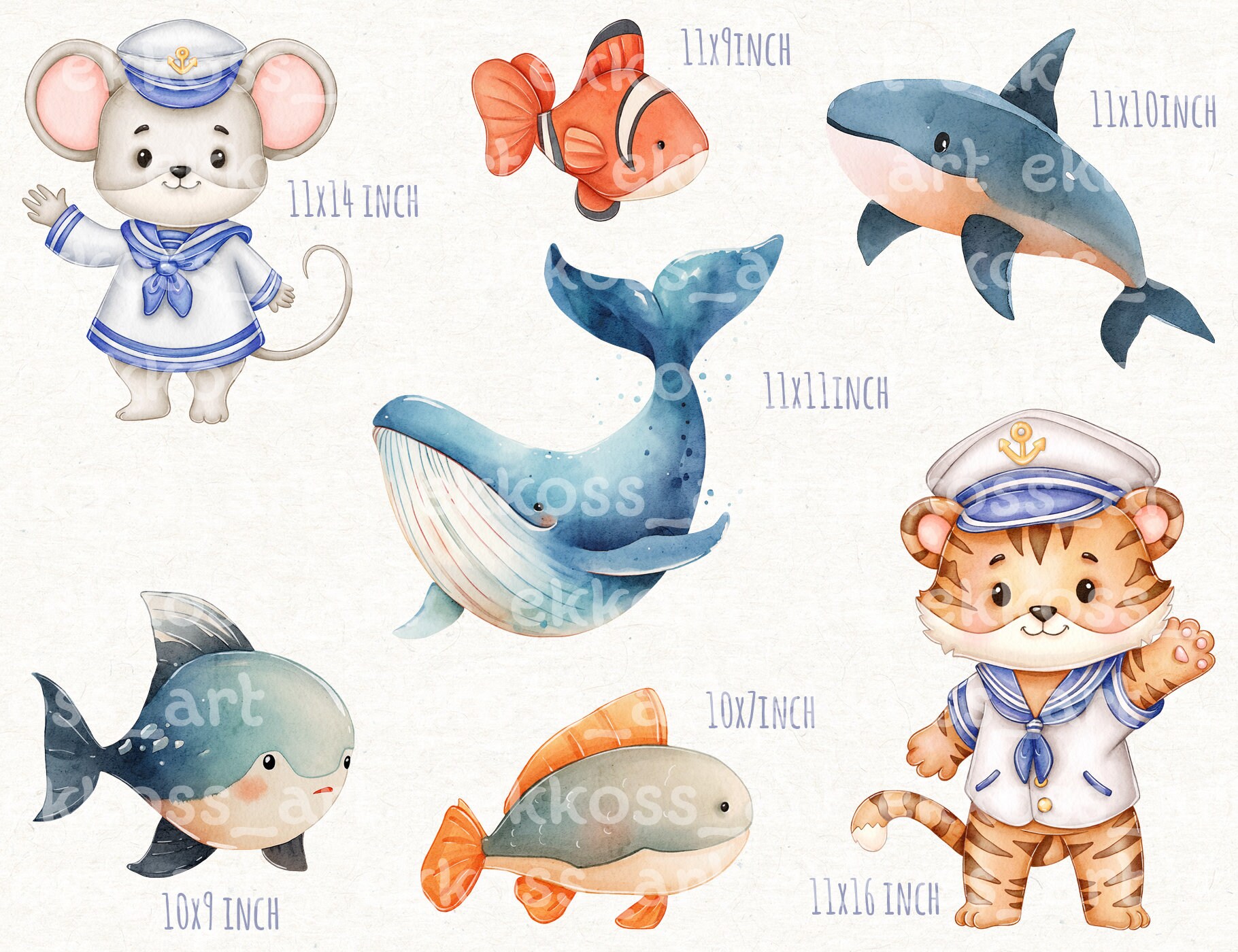 Cute Sailor Animals Watercolor Clipart, Nautical Nursery Clipart, Under ...