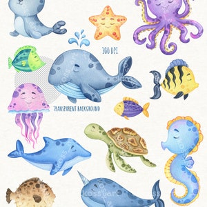 Watercolor Ocean Clipart, Cute Sea Animal Clipart PNG - Etsy