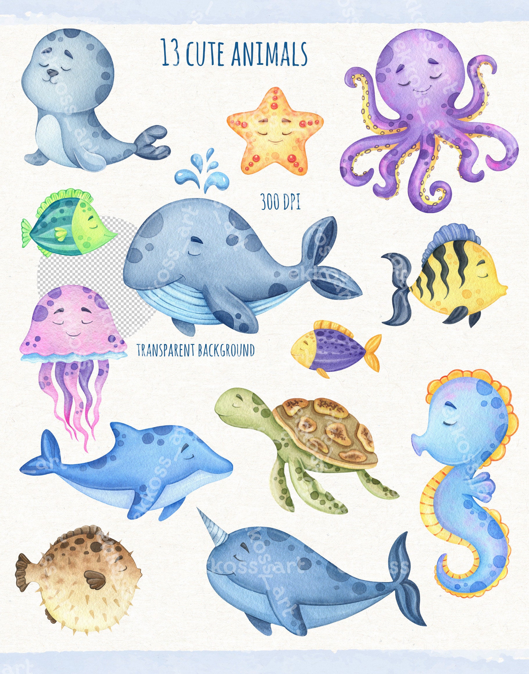 Watercolor Ocean Clipart Cute Sea Animal Clipart PNG - Etsy
