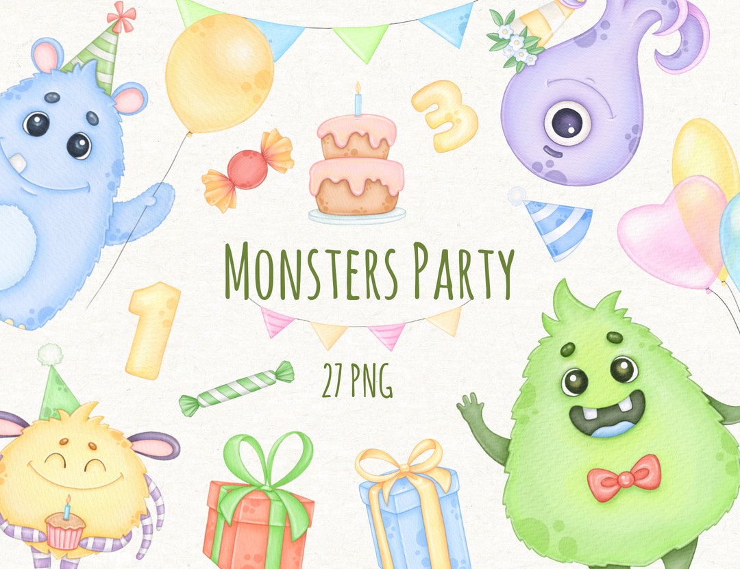 Watercolor Monsters Party Clipart, Monster Birthday, PNG - Etsy