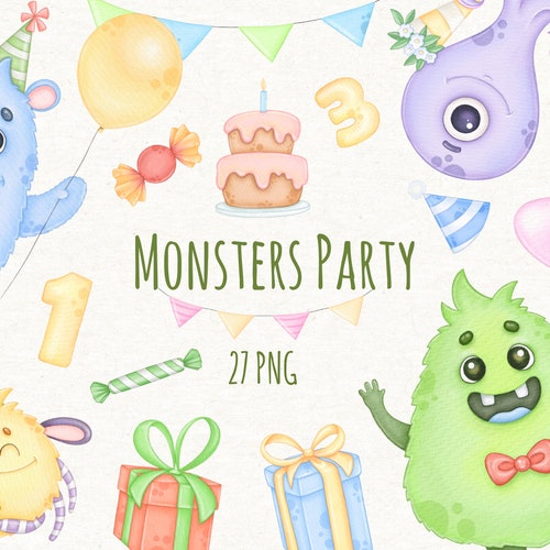 Watercolor Girly Monsters Clipart Girl Monster Birthday - Etsy
