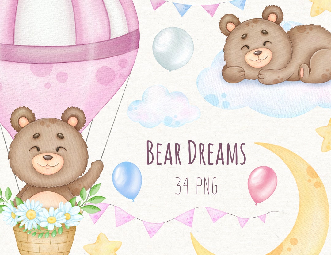 Sleeping Bear and Hot Air Ballon Clipart, Baby Shower, Png - Etsy