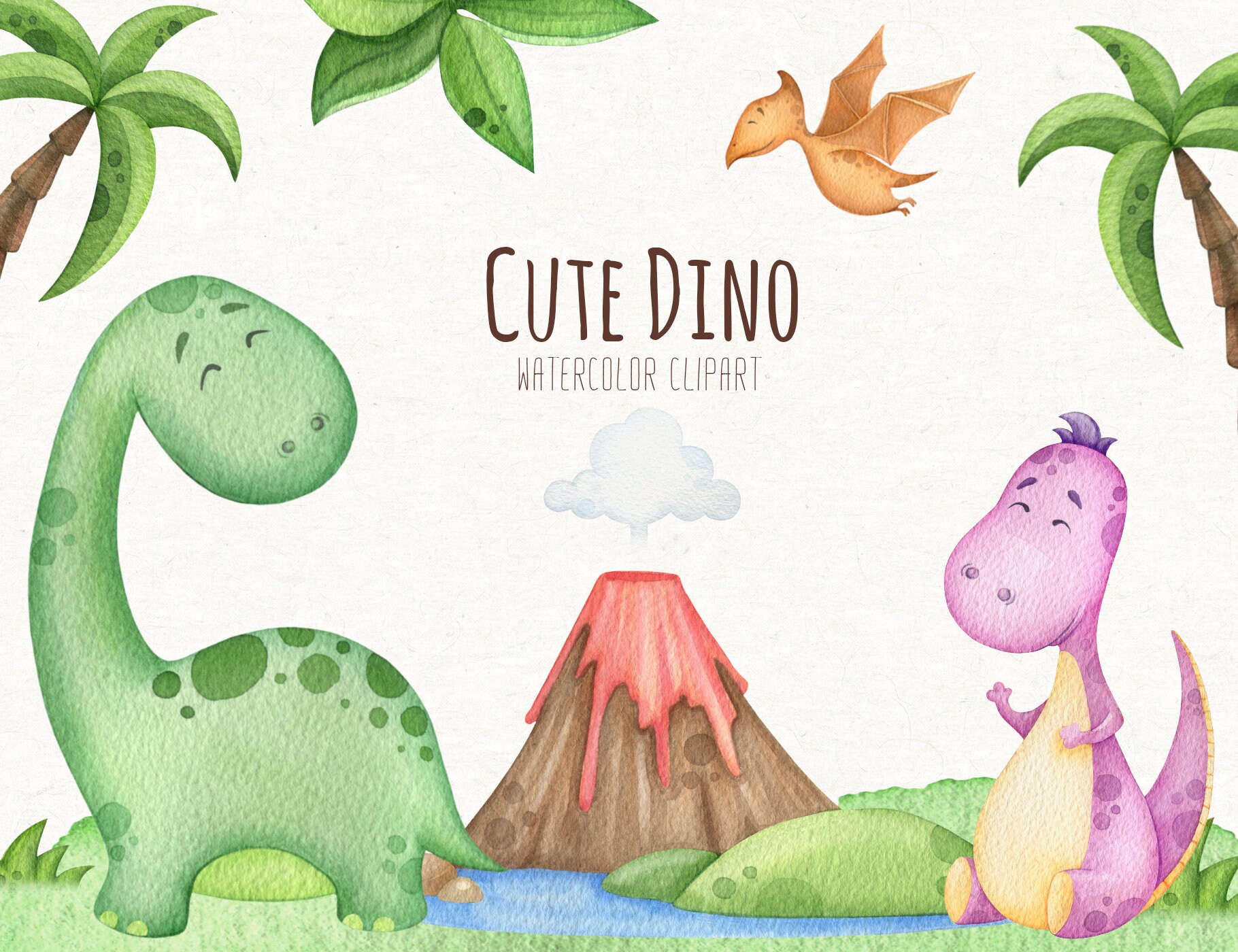 Dinosaur Clipart Watercolor PNG Cute Dino Instant Digital - Etsy UK
